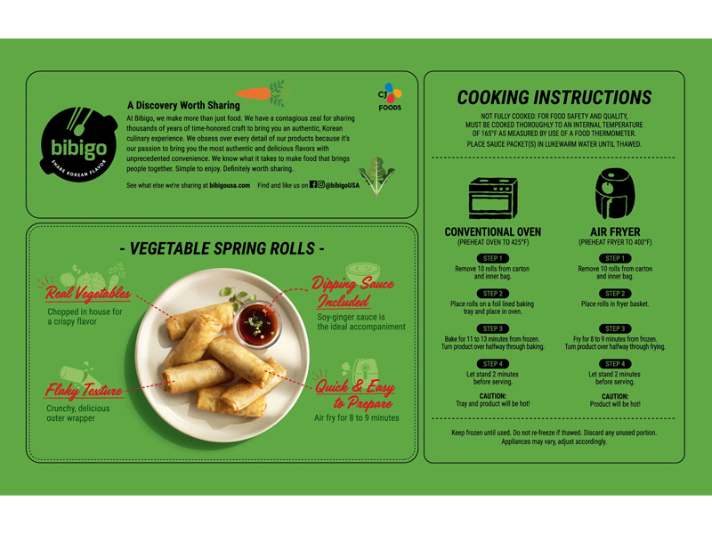 Bibigo Vegetable Spring Rolls w/sauce, 50 ct. / 3 lb. box EACH